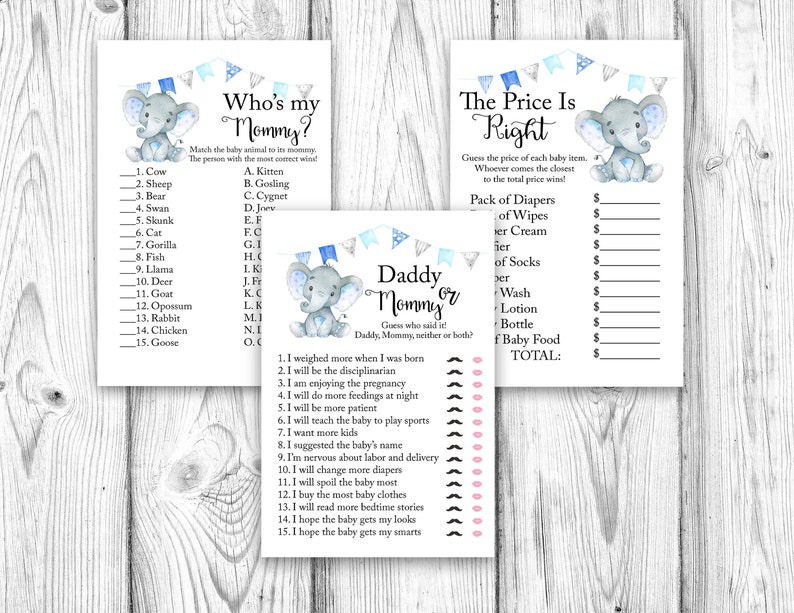 Elephant Baby Shower Games Bundle, Blue Elephant Baby Shower Games ...