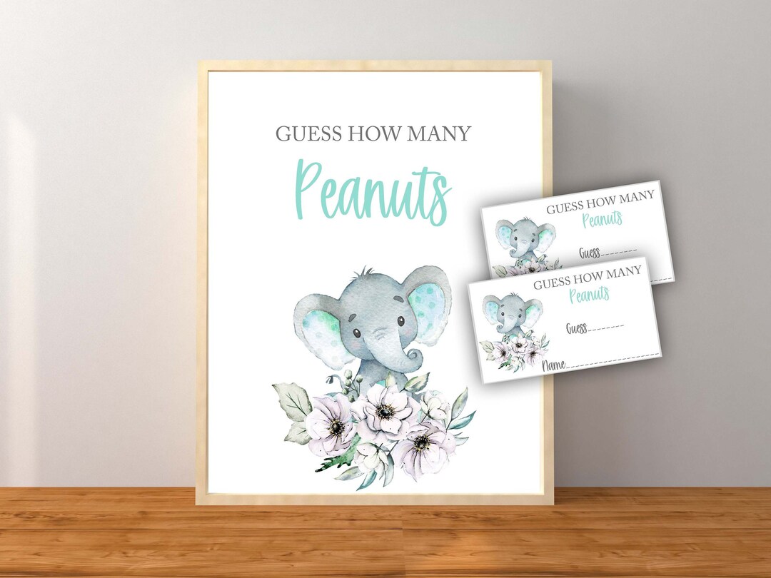 Guess How Many Peanuts, Peanuts Baby Shower Game, Floral Mint Elephant ...