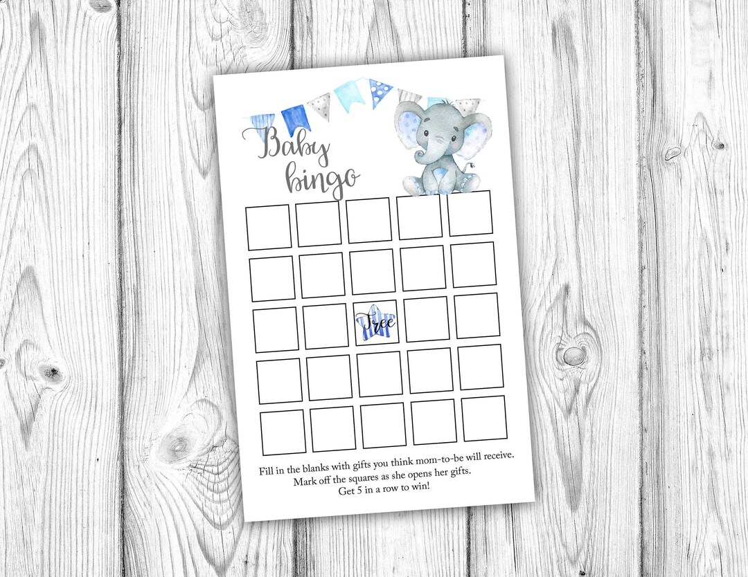 Elephant Baby Shower Bingo Game, Blue Elephant Game, Elephant Bingo ...