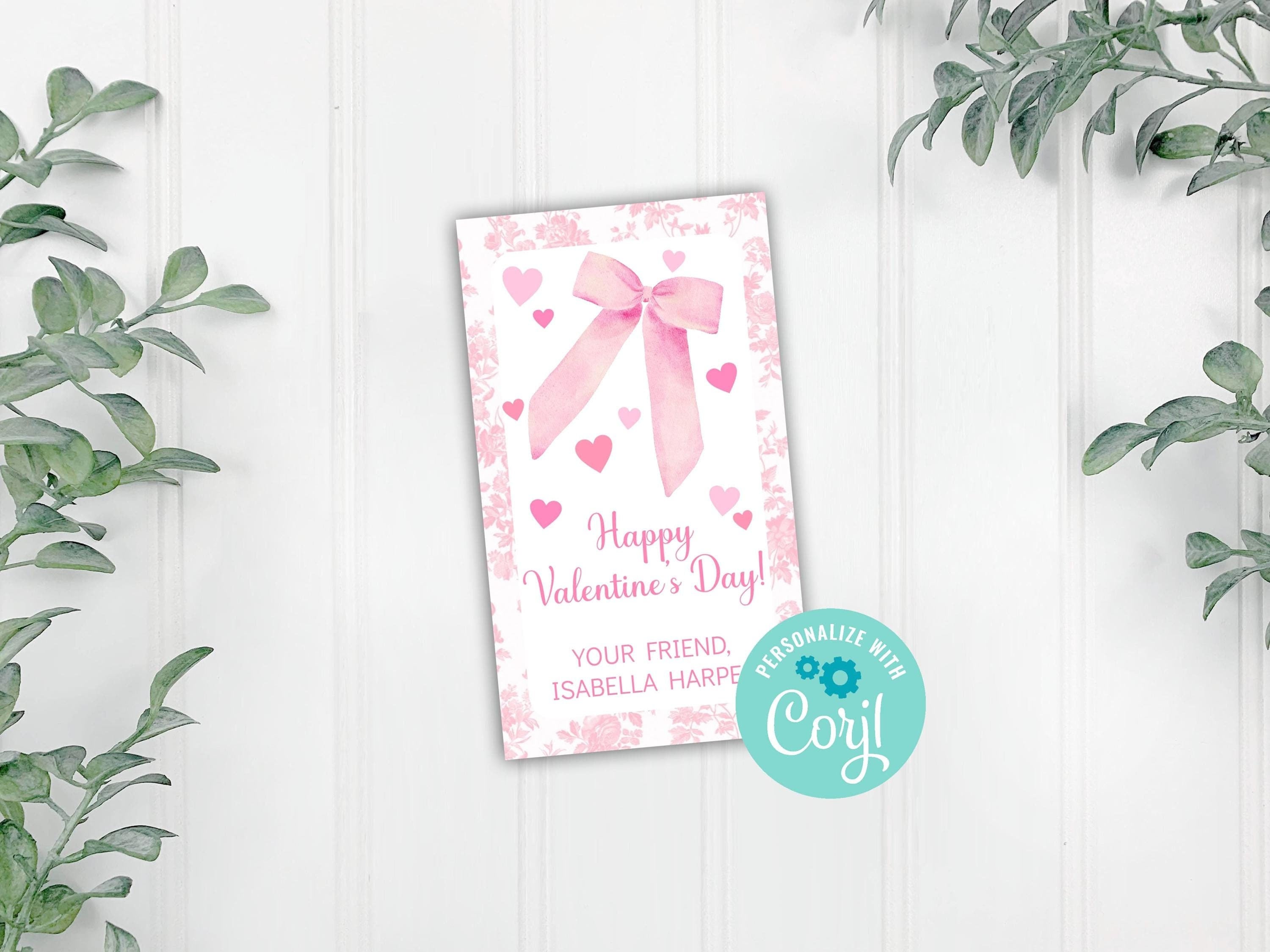 Editable Pink Bow Valentine's Day Cards, Girl Valentine Treat Tags ...