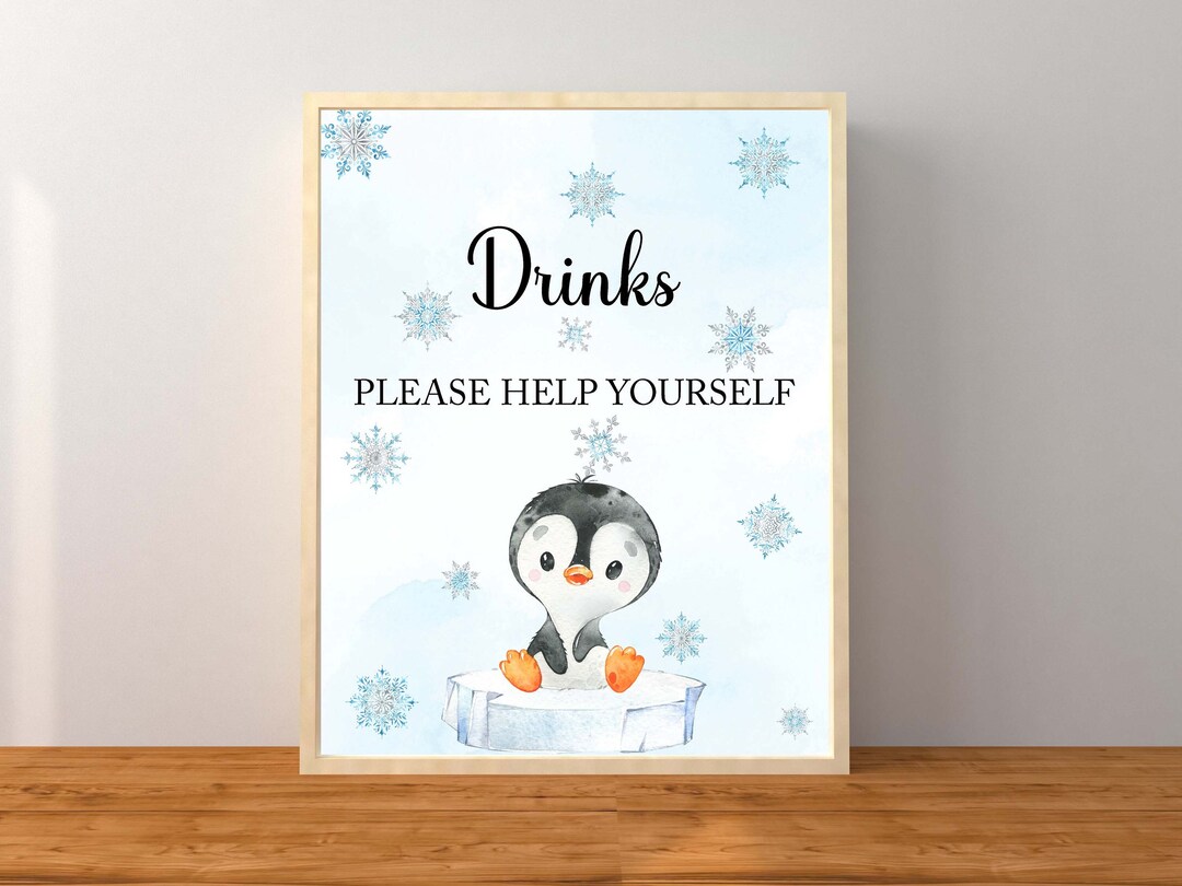 Penguin Drinks Table Sign, Blue Penguin Baby Shower Decorations, Boy ...