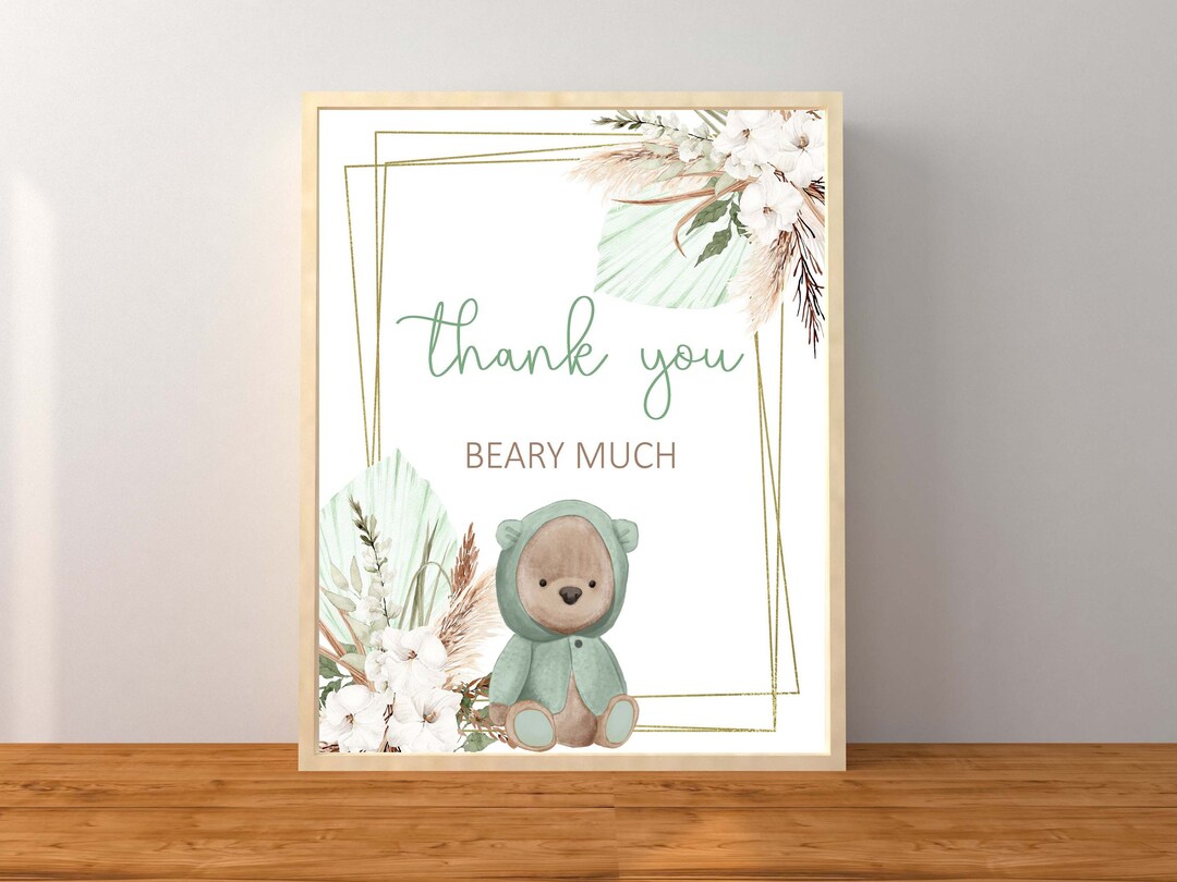 Green Bear Thank You Beary Much Favors Sign, Gender Neutral Teddy Bear ...