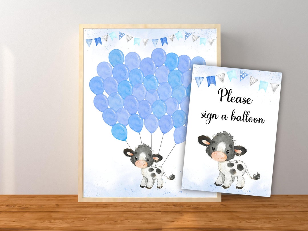 Cow Balloon Guest Book Sign, Blue Ombre Farm Cow Baby Shower ...