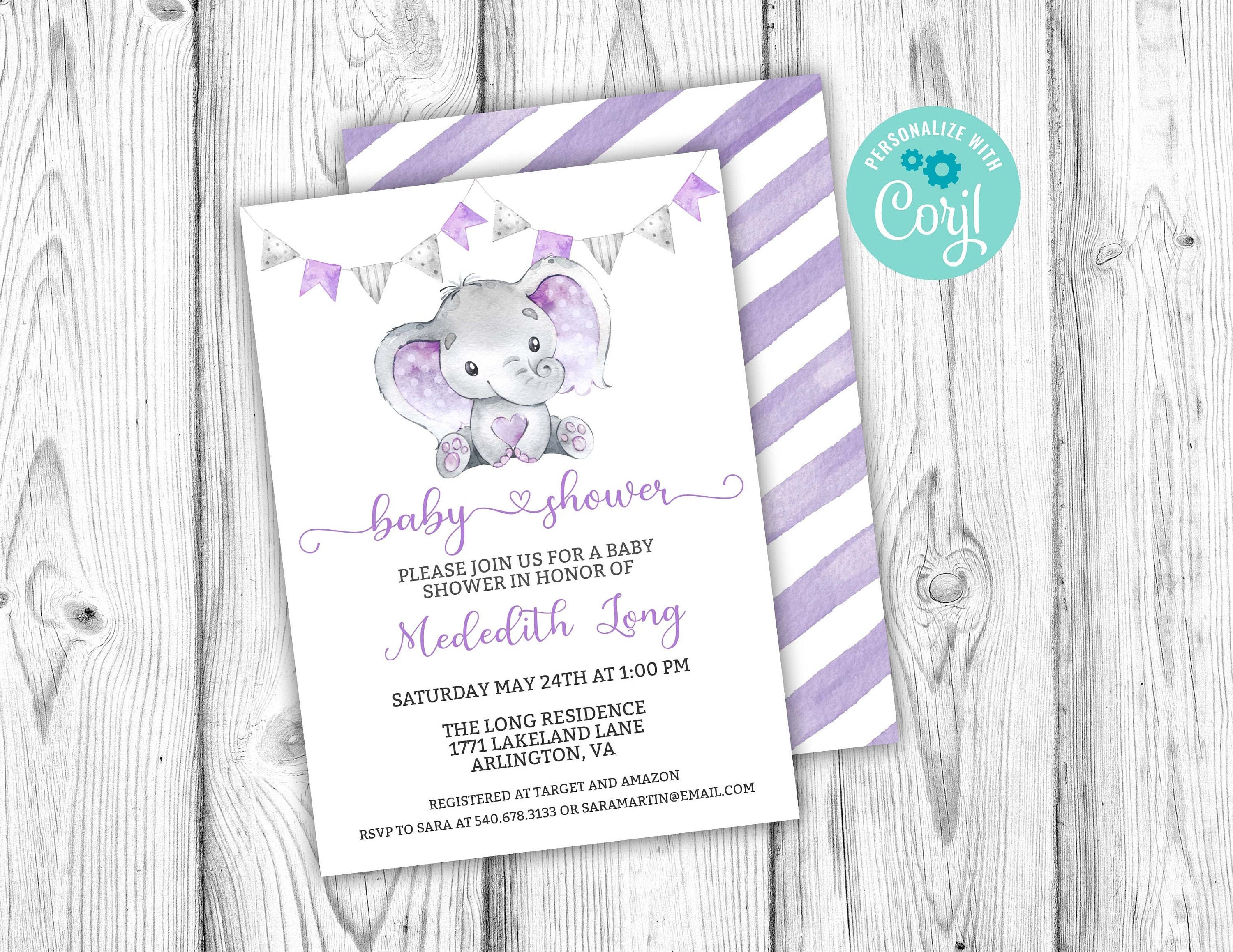 Purple Elephant Baby Shower Invitation, Girl Elephant Invitation ...