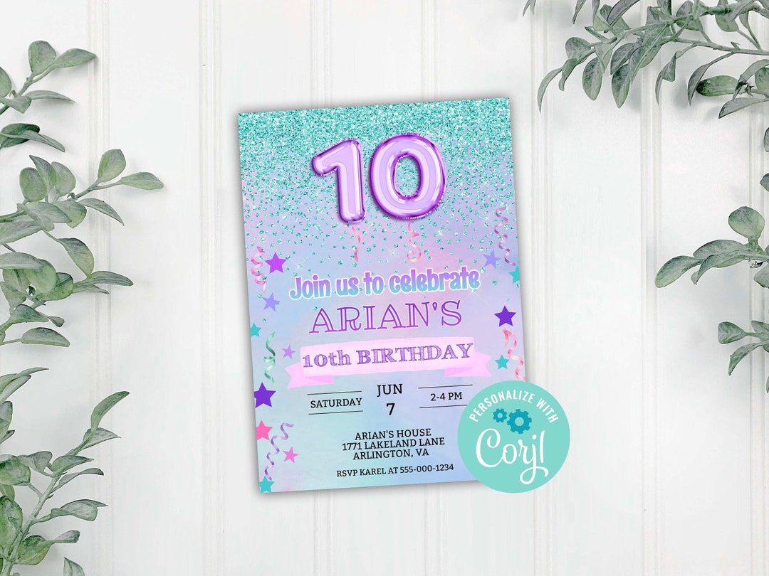 Girls 10th Birthday Party Invitation, Girl Tenth Birthday Editable ...
