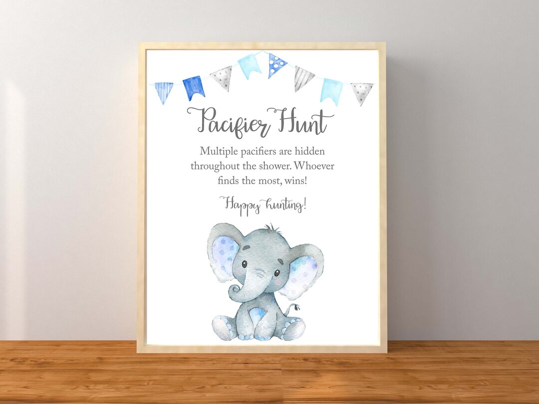 Blue Elephant Pacifier Hunt Game, Elephant Baby Shower Games, Pacifier ...
