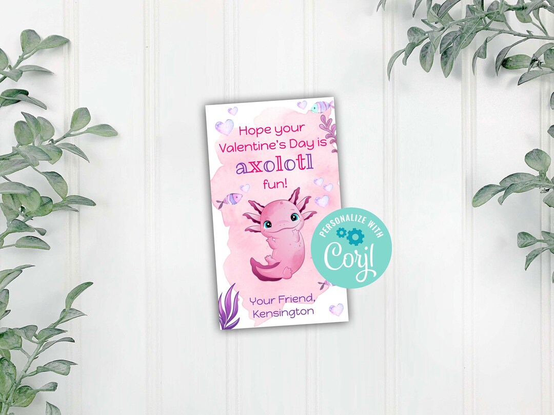 Valentine's Day Axolotl Cards, Axolotl Valentine Card, School Party ...