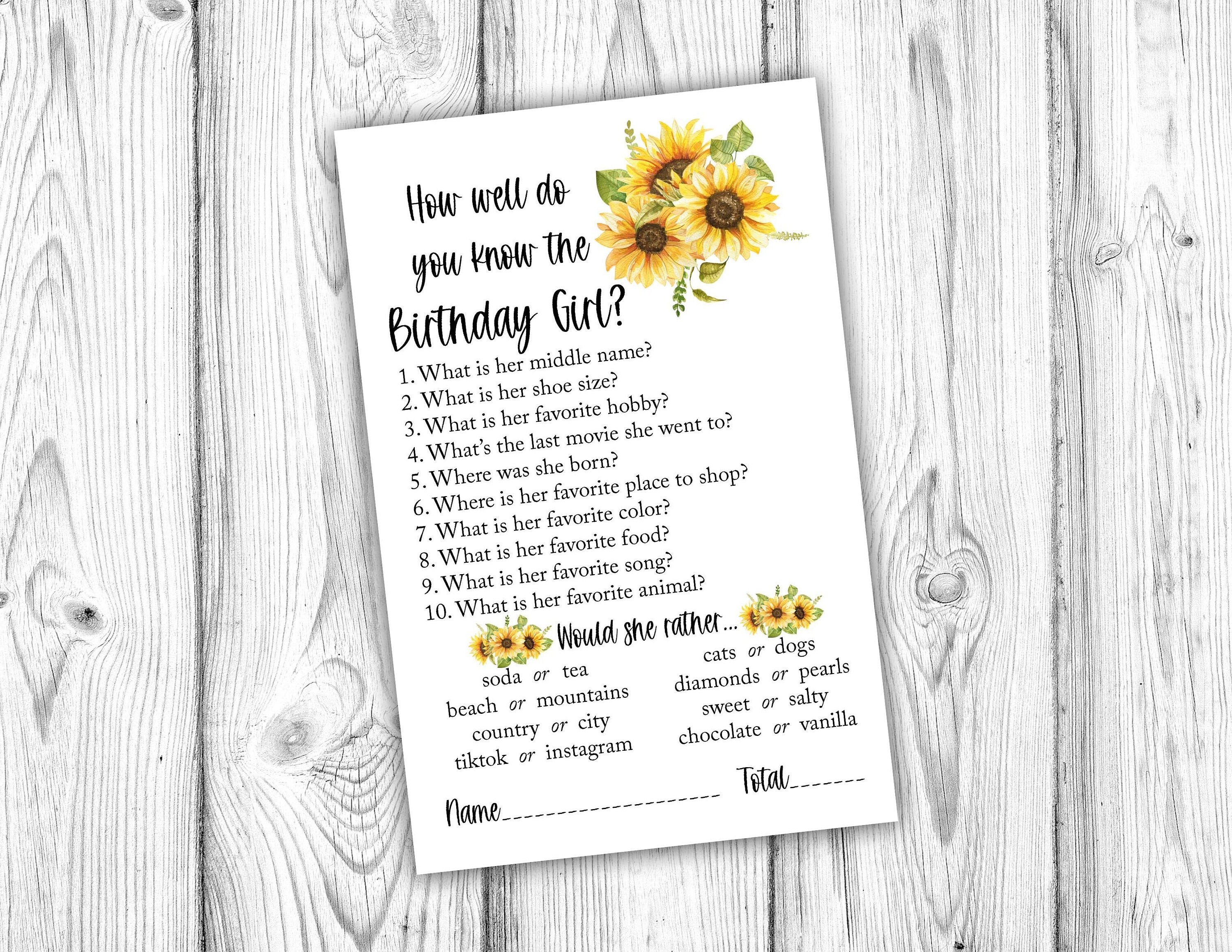 How Well Do You Know the Birthday Girl Game, Sunflower Birthday Party ...