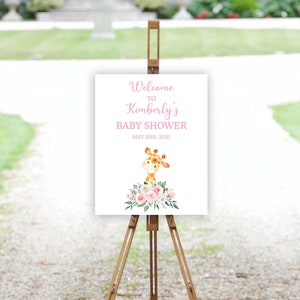 Giraffe Baby Shower Sign, Girl Giraffe Welcome Sign, Pink Floral ...