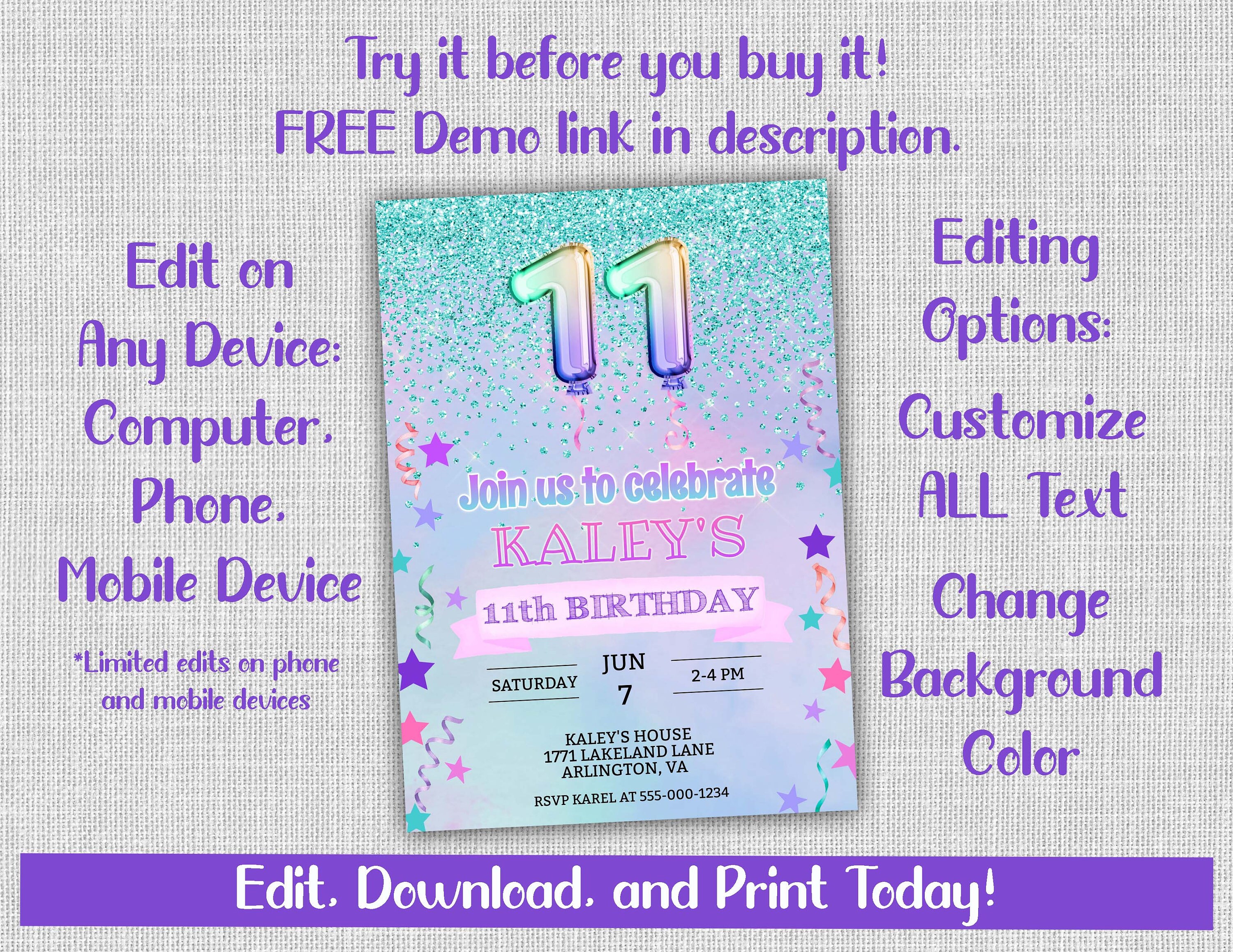 Girls 11th Birthday Party Invitation, Girl Eleventh Birthday Editable ...