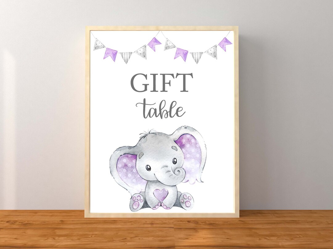 Gift Table Sign, Elephant Gift Table Sign, Purple Elephant Baby Shower ...