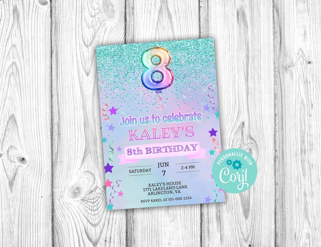 Girls 8th Birthday Party Invitation, Girl Eighth Birthday Editable ...