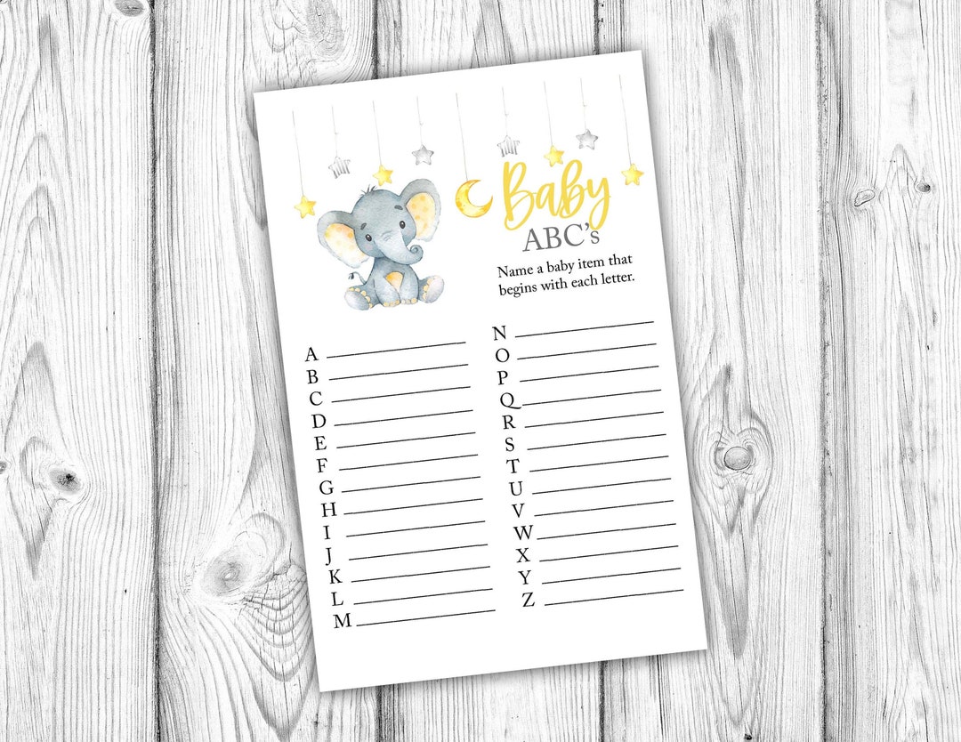 Elephant Abc's Game, Elephant Baby Shower Game, Yellow Elephant Baby ...