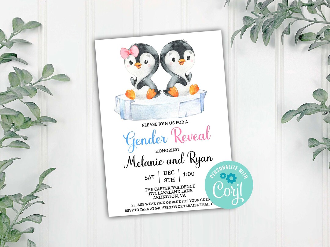 Penguin Gender Reveal Invitation, Boy or Girl Penguin Gender Reveal ...