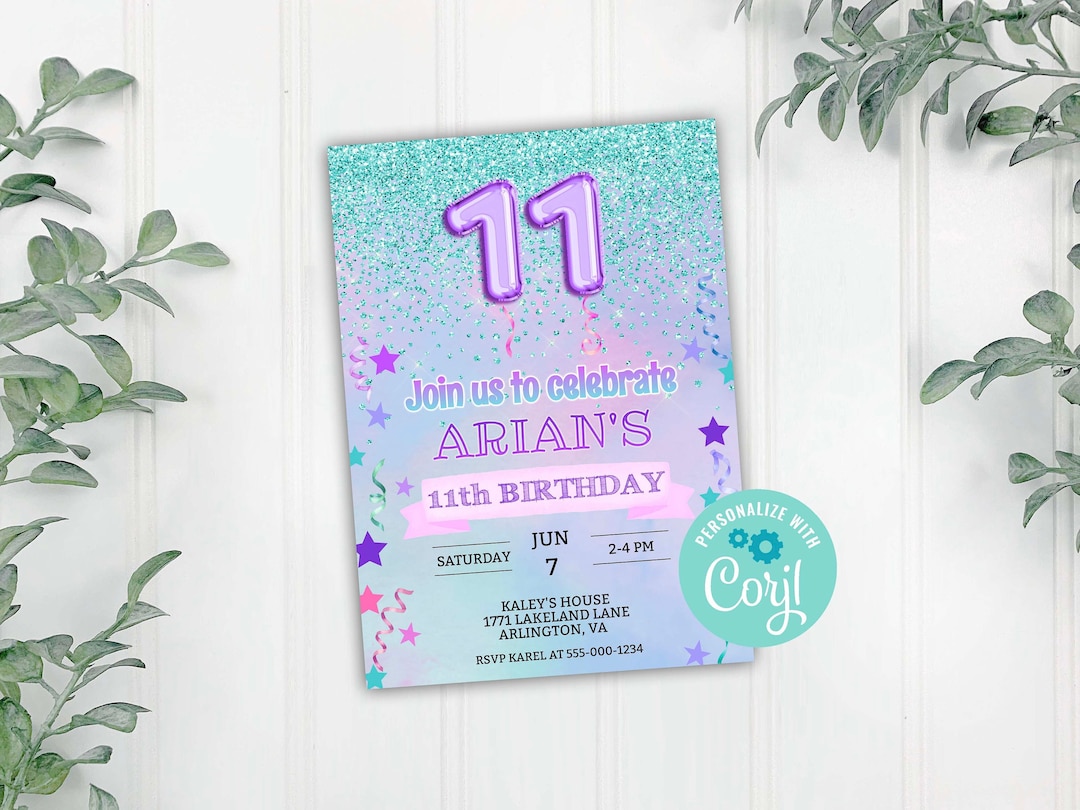 Girls 11th Birthday Party Invitation, Girl Eleventh Birthday Editable ...