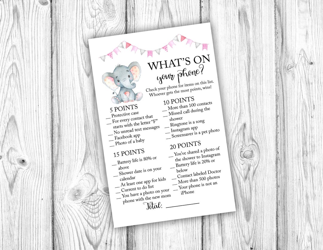 Pink Elephant What's on Your Phone Game, Pink Elephant Baby Shower ...