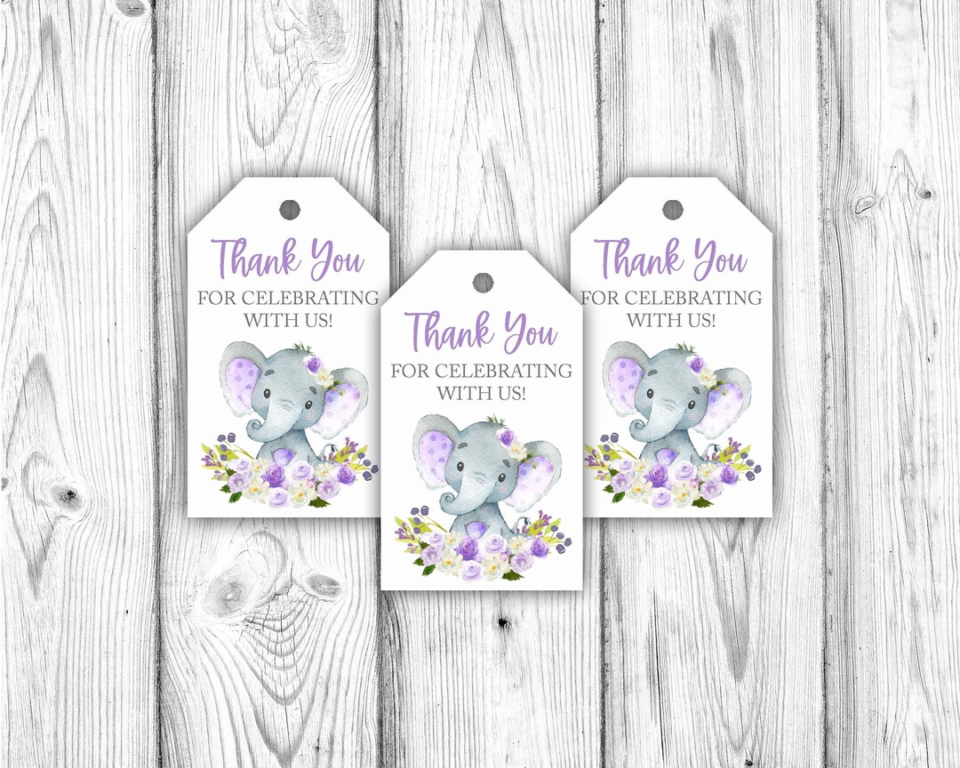 Purple Elephant Favor Tags, Floral Lavender Elephant Baby Shower ...