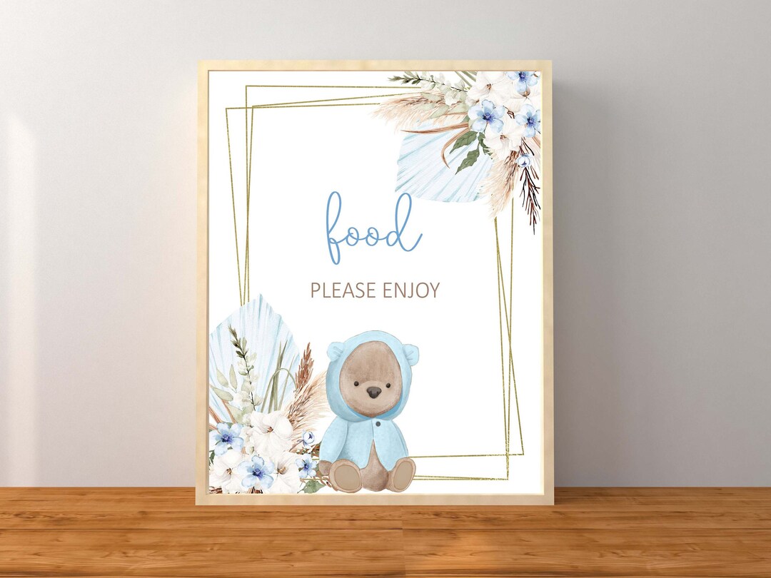 Bear Food Tabletop Sign, Blue Boy Bear Baby Shower Decorations, Floral ...