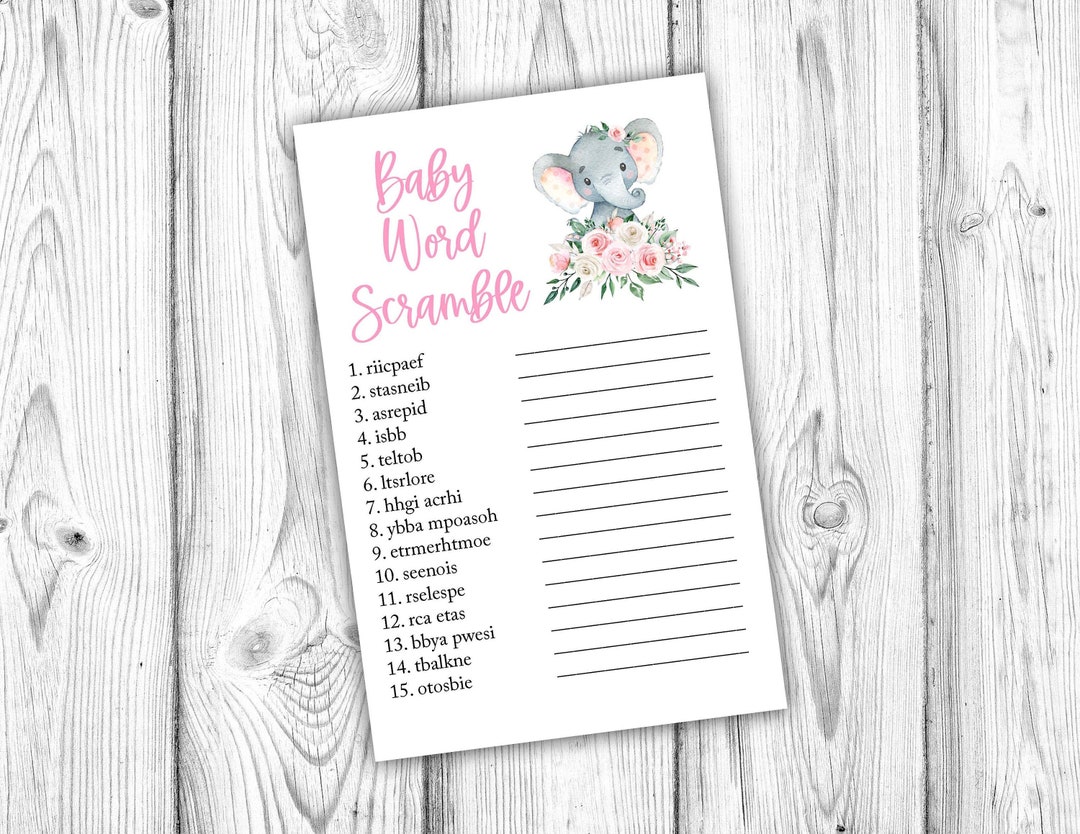 Elephant Baby Word Scramble Game, Pink Elephant Baby Shower Decorations ...