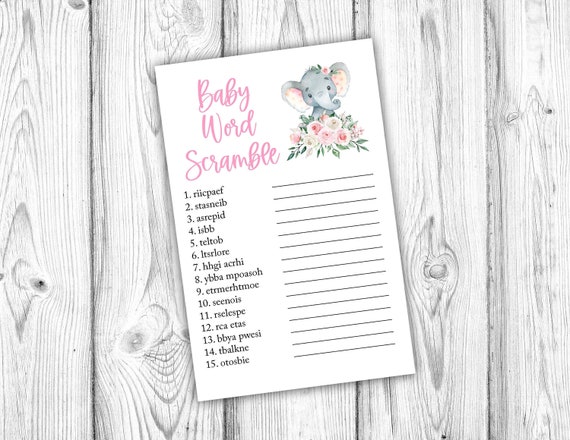 Baby Shower Word Scramble Pink Elephant Printable Baby Shower Games