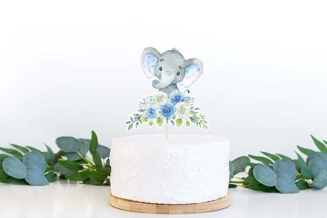 Blue Floral Elephant Cake Topper, Blue Elephant Baby Shower, Blue ...