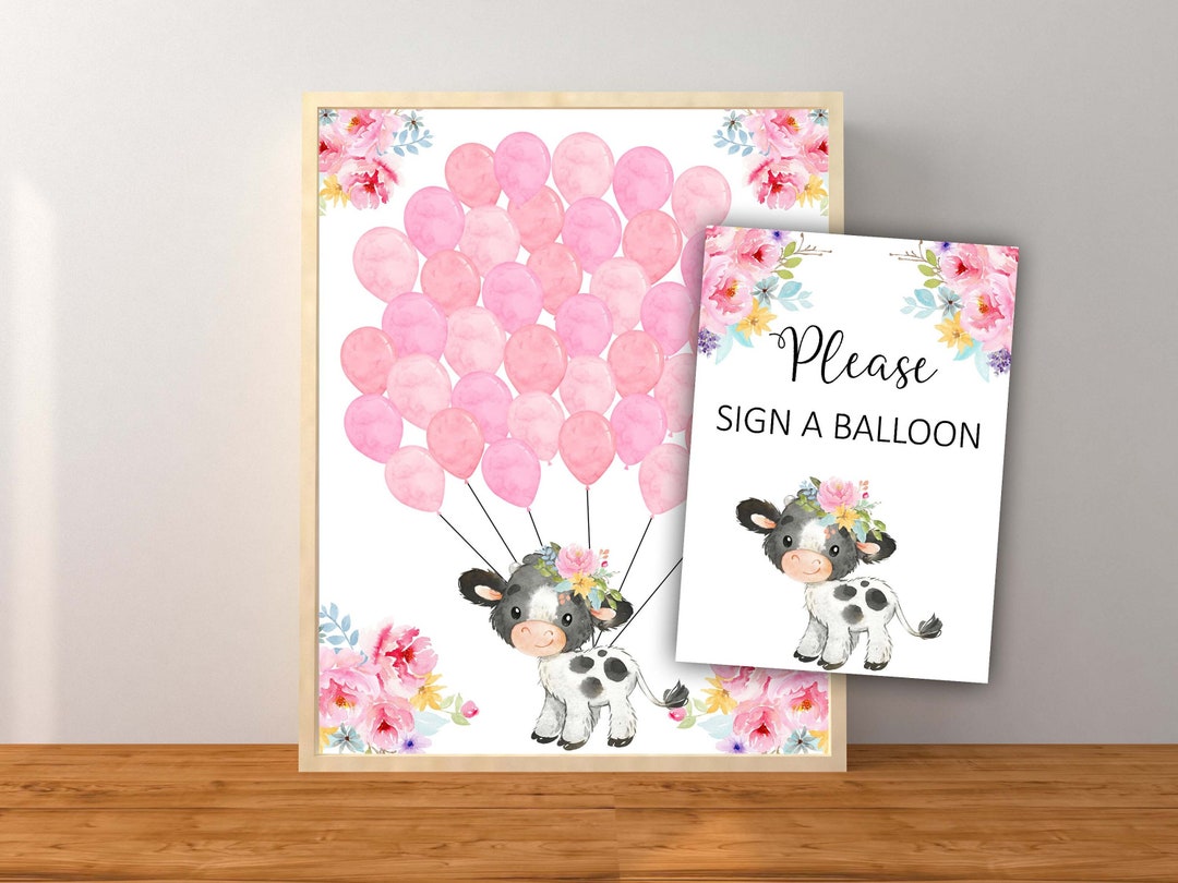 Cow Balloon Guest Book Sign, Pink Floral Cow Baby Shower Decorations ...