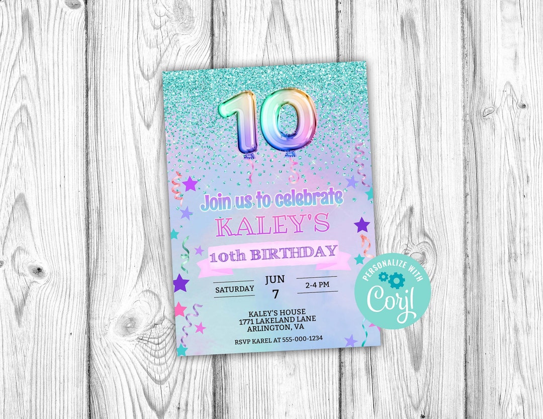 Girls 10th Birthday Party Invitation, Girl Tenth Birthday Editable ...