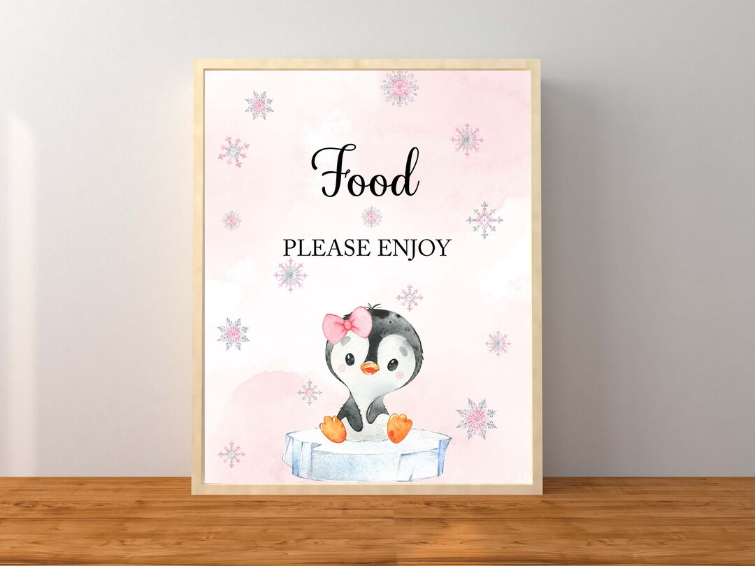 Penguin Food Table Sign, Pink Penguin Baby Shower Decorations, Girl ...