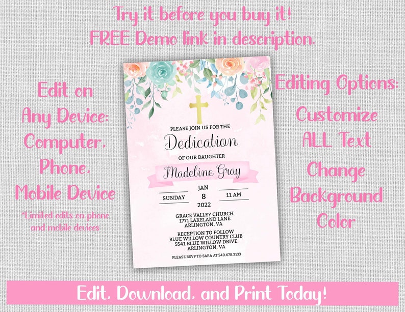 Pink Floral Dedication Invitation, Pastel Floral Dedication Editable ...