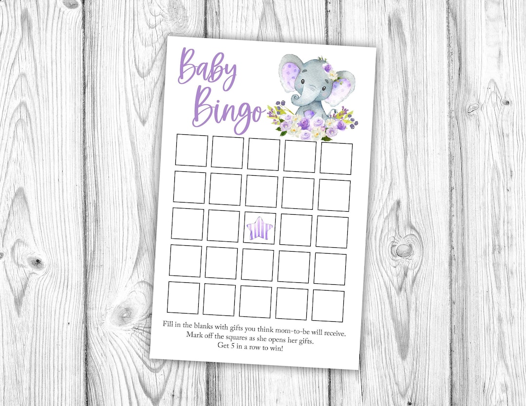 Elephant Baby Shower Bingo Game, Purple Floral Elephant Game, Bingo ...