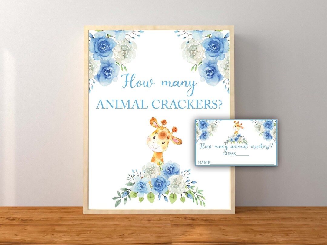 Giraffe Guess How Many Animal Crackers, Blue Floral Giraffe Baby Shower ...