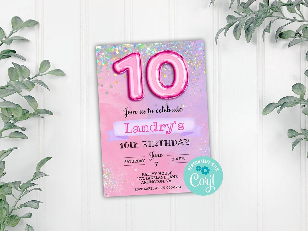 Girls 10th Birthday Party Invitation, Pink Glitter Girl Tenth Birthday ...