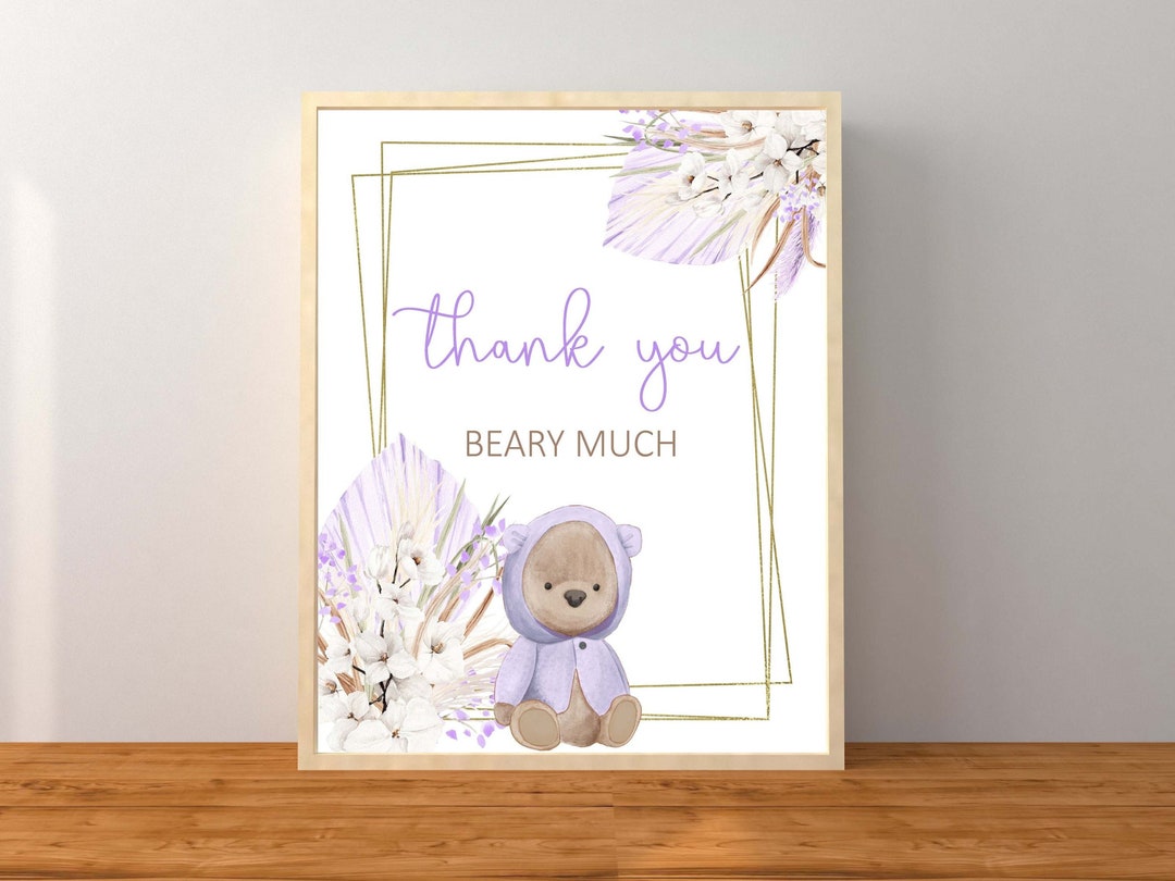 Purple Bear Thank You Beary Much Sign, Favors Sign, Girl Bear Baby ...