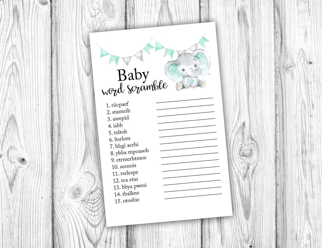 Elephant Baby Word Scramble, Mint Elephant Baby Shower Games, Word ...