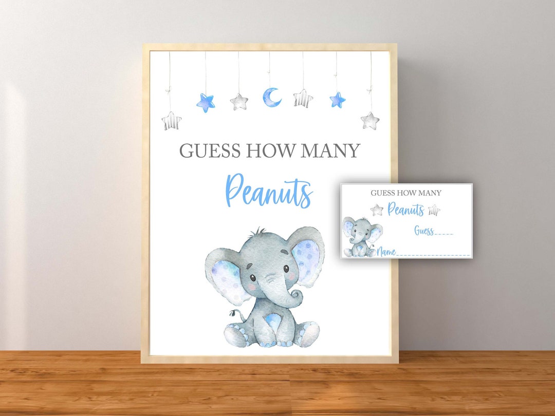 Elephant Guess How Many Peanuts Game, Blue Elephant Baby Shower ...