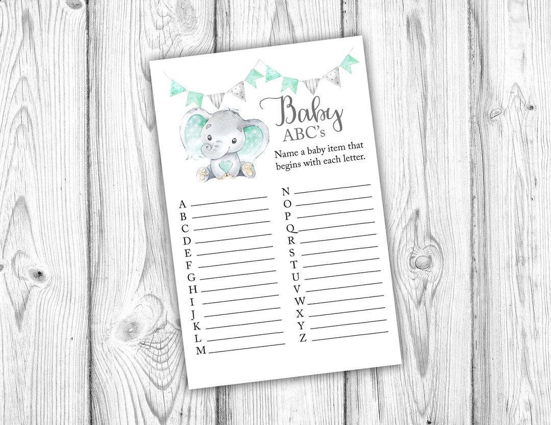 Baby ABC Game, Elephant Baby Shower Game, Mint Green Elephant Baby ...