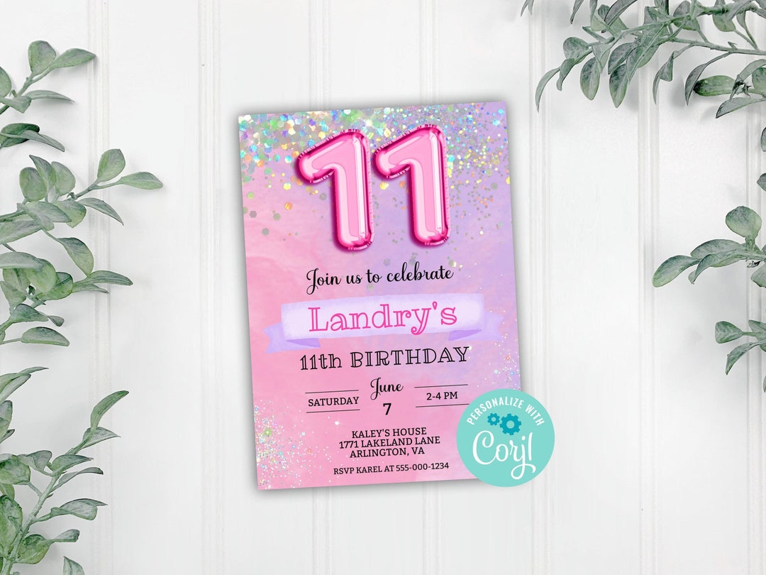 Girls 11th Birthday Party Invitation, Pink Glitter Girl Eleventh ...