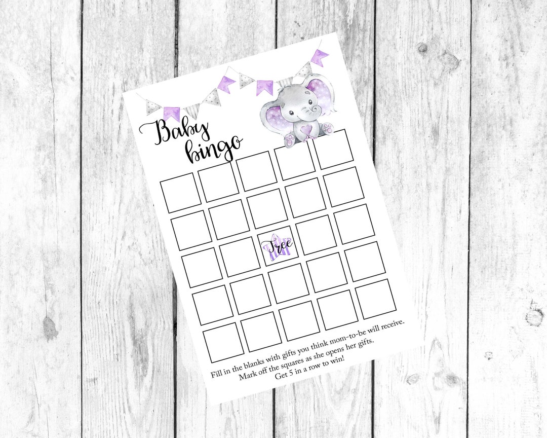 Baby Shower Bingo, Elephant Baby Shower Bingo Game, Purple Elephant ...