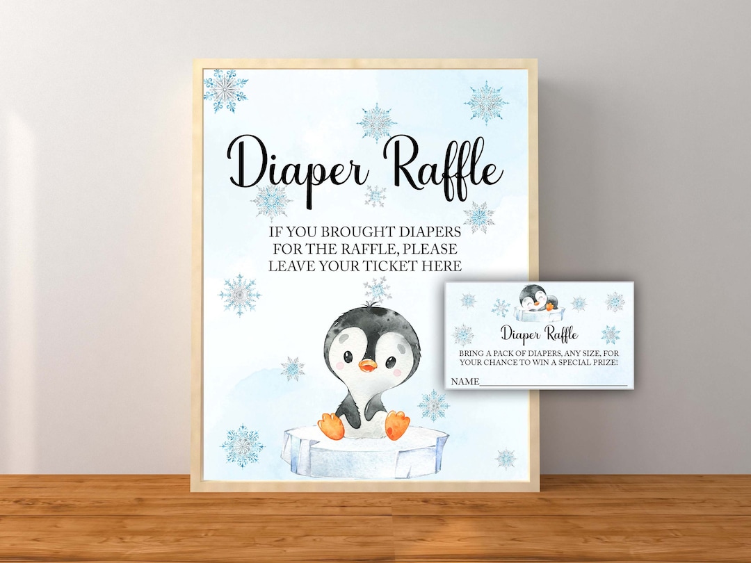 Blue Penguin Diaper Raffle Sign and Tickets, Boy Penguin Baby Shower ...