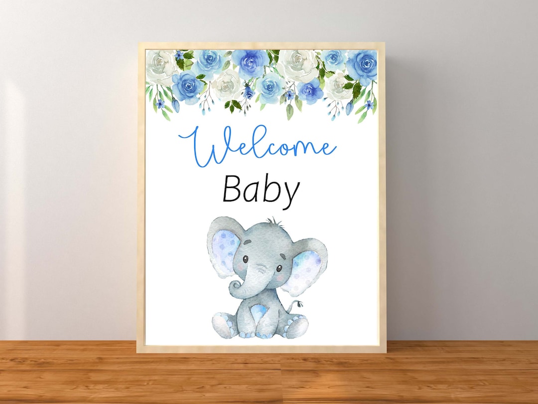 Elephant Welcome Baby Sign, Blue Elephant Baby Shower, Floral Elephant ...