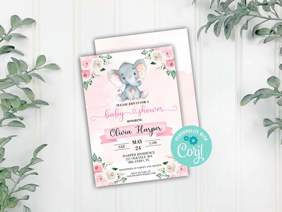 Pink Elephant Baby Shower Invitation, Baby Girl Floral Elephant ...