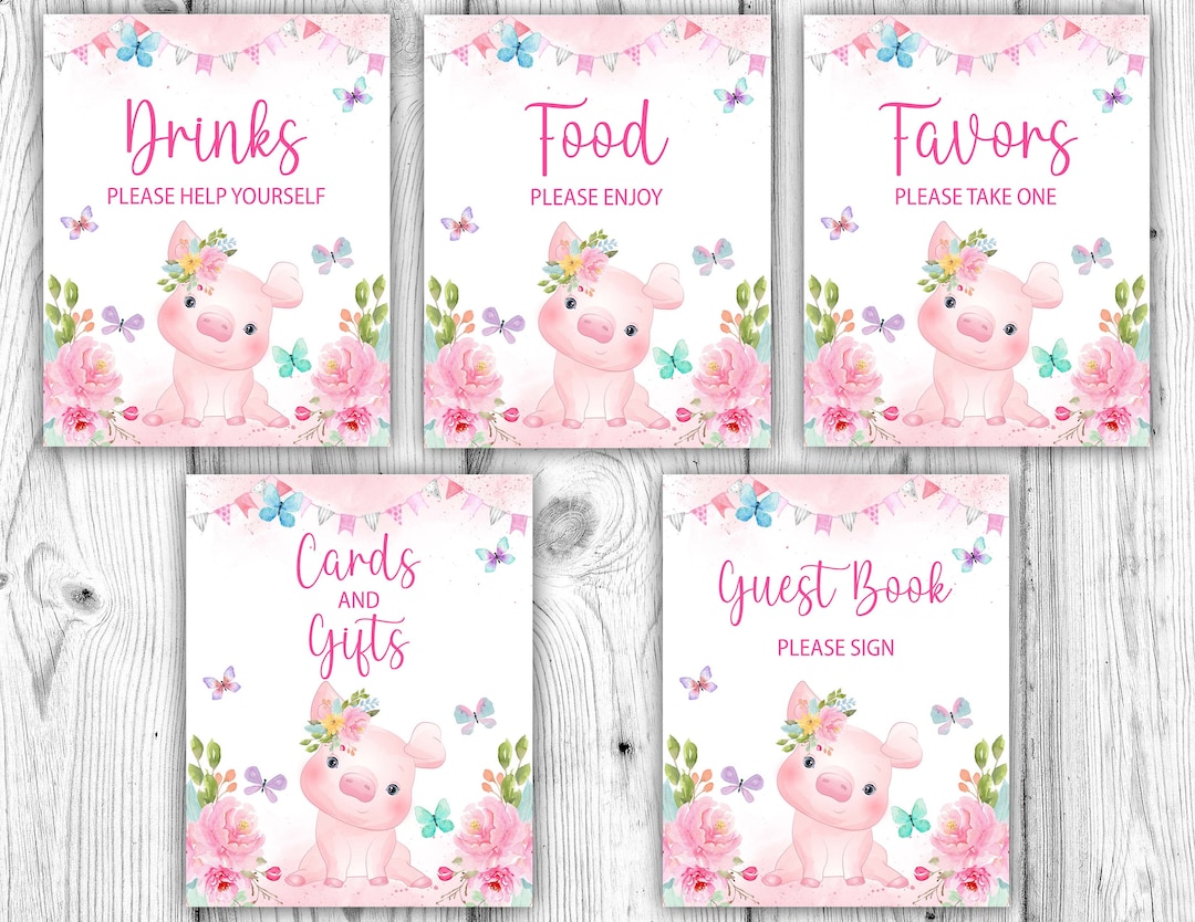 Pink Floral Pig Baby Shower Sign Bundle, Pig Birthday Party Signs, Girl ...