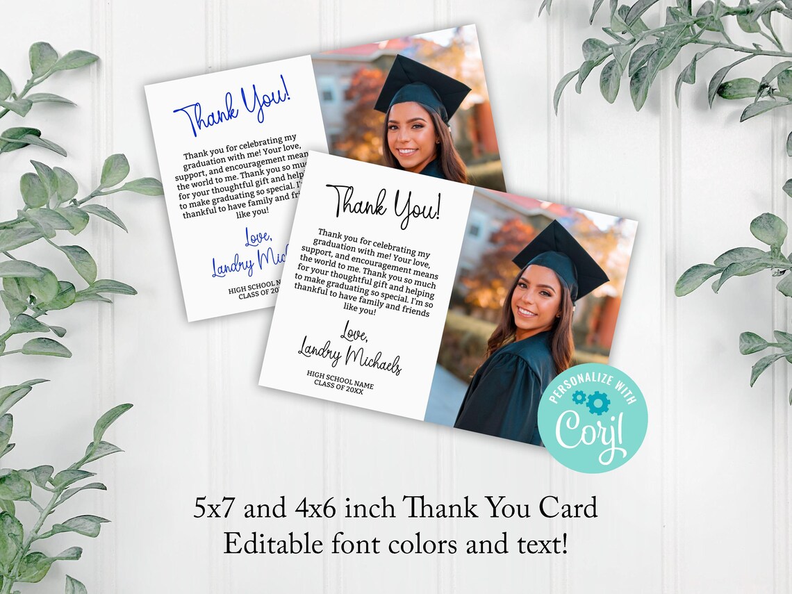 Graduation Thank You Card With Photo, Editable 5x7, 4x6 Inch Graduation ...