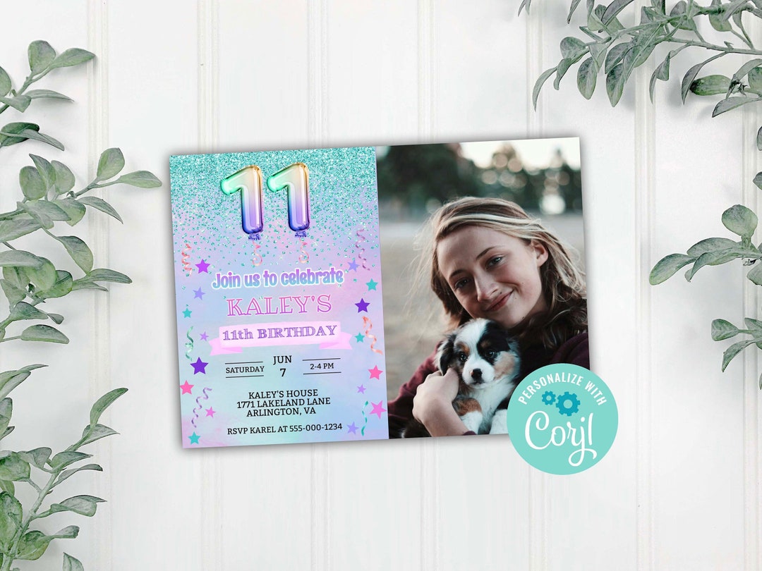 Girls 11th Birthday Party Photo Invitation, Girl Eleventh Birthday ...