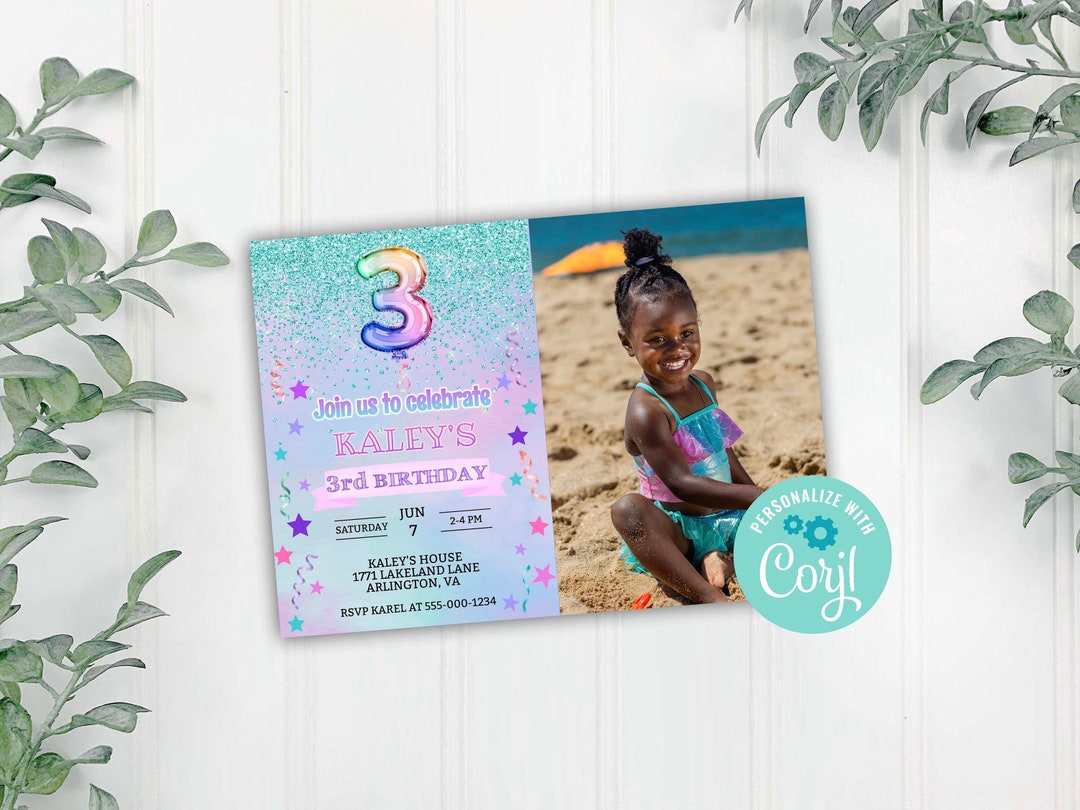 Girls 3rd Birthday Party Photo Invitation, Girl Third Birthday Editable ...