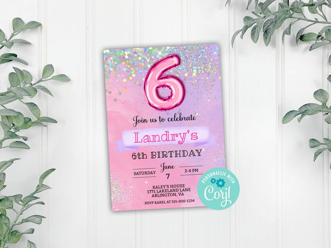 Girls 6th Birthday Party Invitation, Pink Glitter Girl Sixth Birthday ...