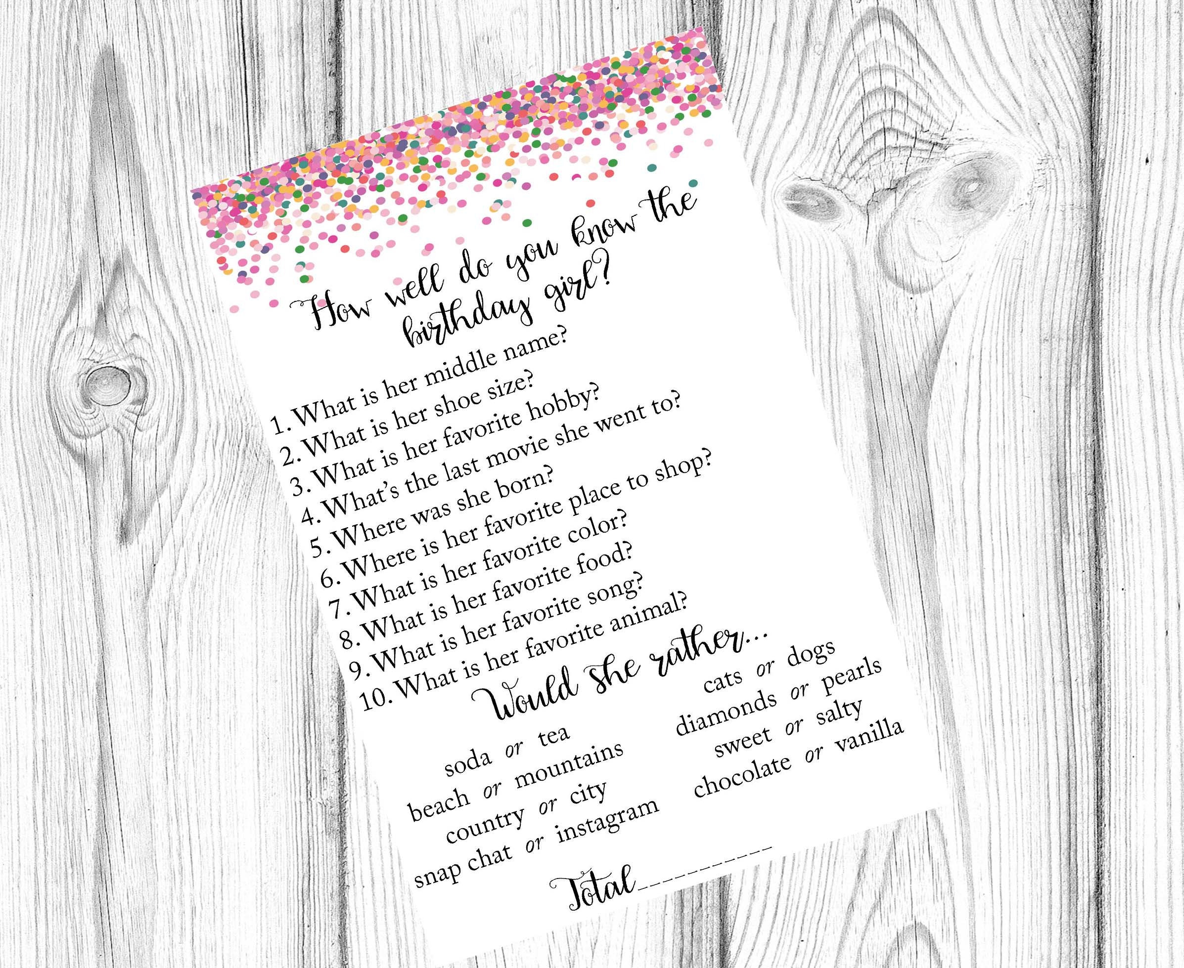 How Well Do You Know the Birthday Girl Game, Birthday Party Game, Who ...
