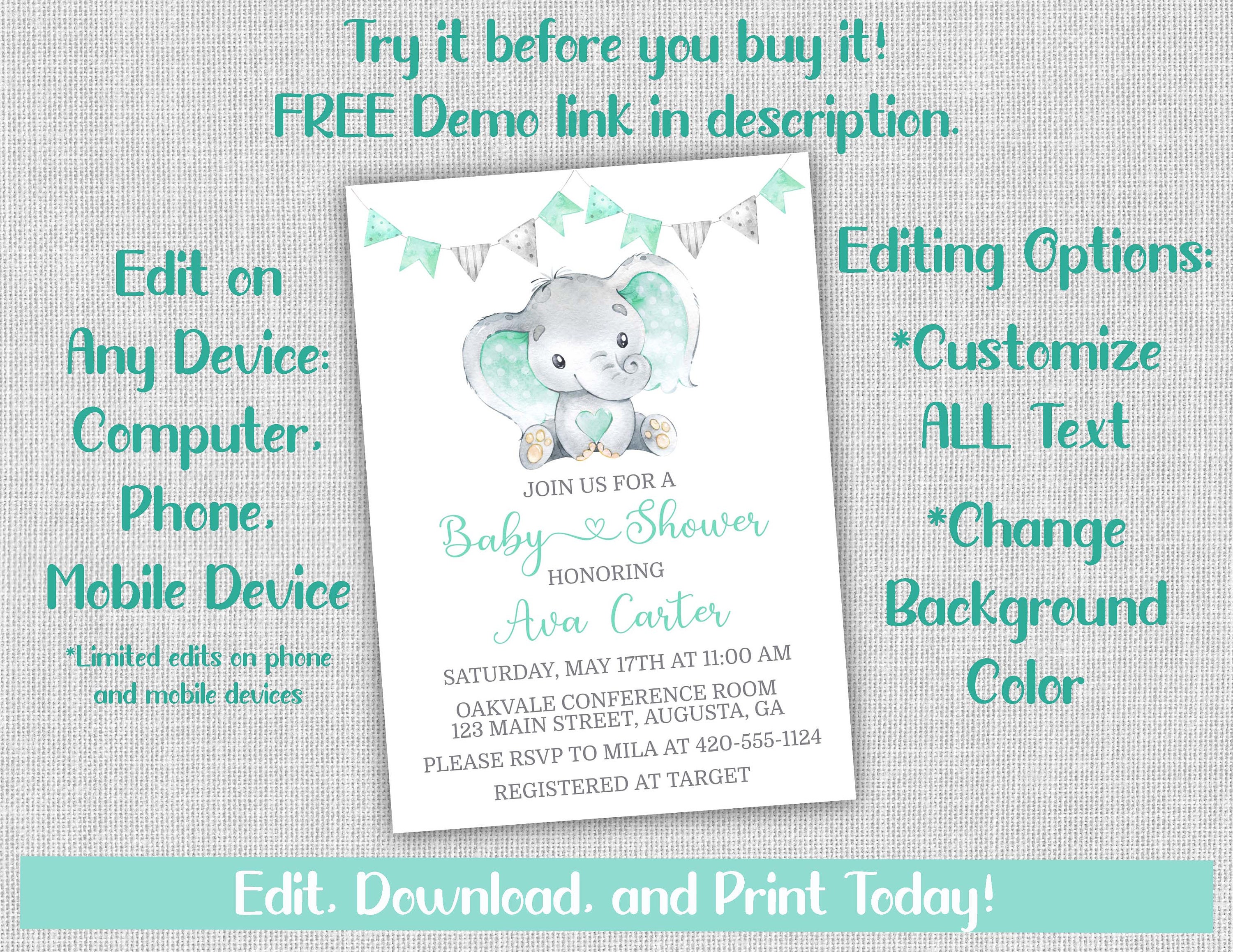 Elephant Baby Shower Invitation Elephant Invitation Mint | Etsy