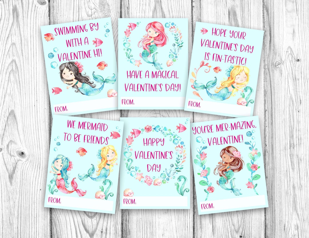 Mermaid Valentine's Day Cards, Girls Valentine Cards, Printable ...
