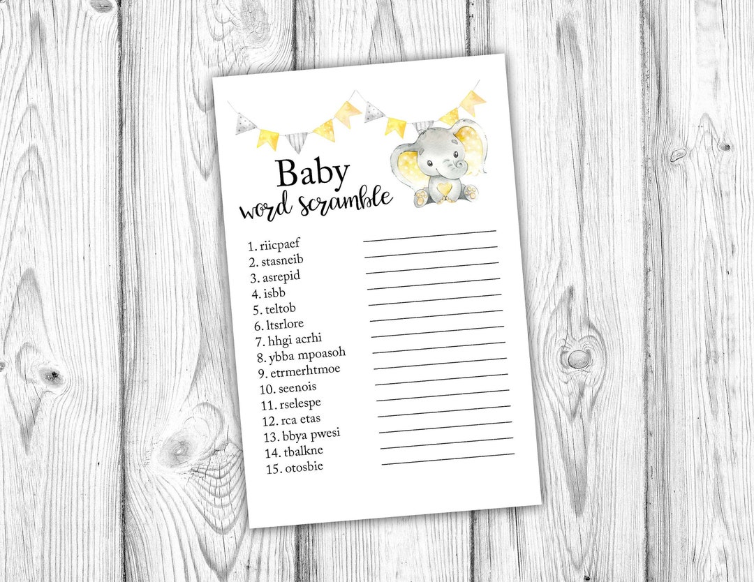 Elephant Baby Word Scramble, Yellow Elephant Baby Shower Game, Word ...